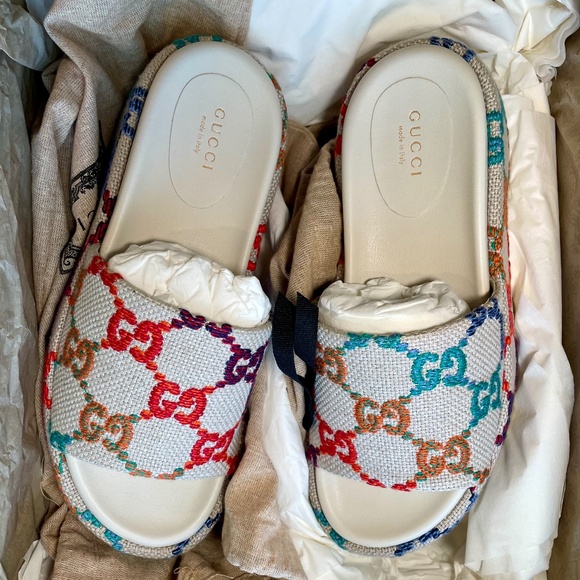 Gucci | Shoes | Gucci Gg Jacquard Multicolor Platform Slides | Poshmark